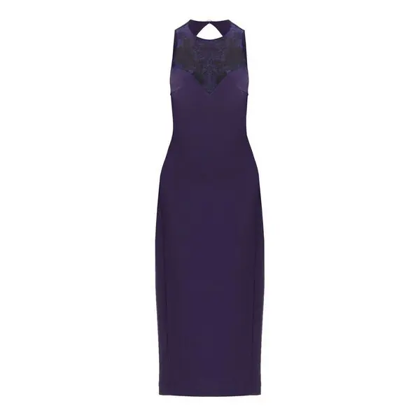 MONOSUIT Sleeveless Crew Neck Backless Lace Belted Bodycon Evening Midi Dress Politically Correct - Purple