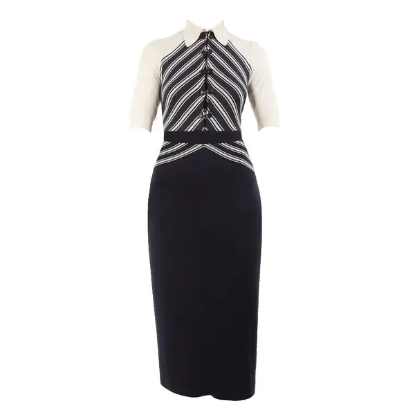 COMBELLE The Colbert Dress, Our Sophisticated Navy & Cream Stripe Vintage-inspired Pencil Midi Dress - Blue