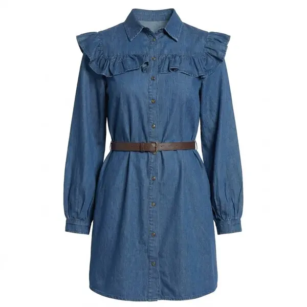 MODENAIRE Ruffled Collar Denim Shirt Dress - Blue