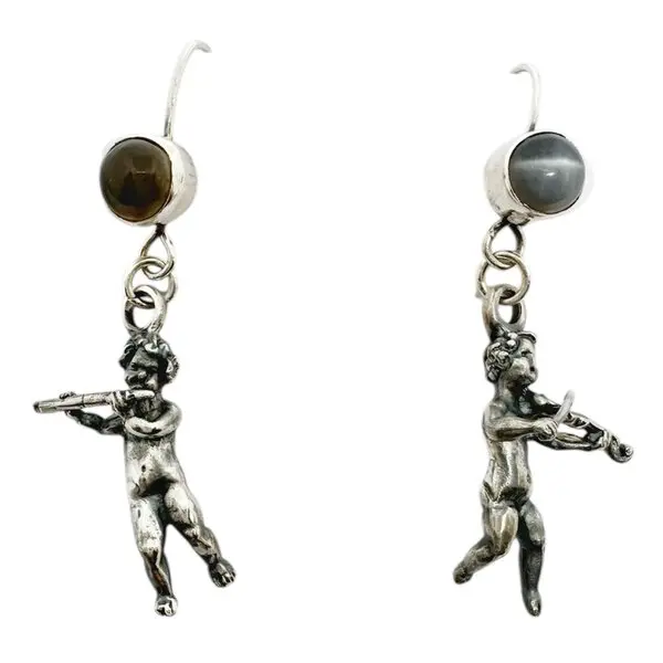TG-JEWELLERY BY TAMARA GERVASIO Silver / Grey / Black Violin & Flute Cherub Earrings In Sterling Silver With Cat’s Eye Gemstones One Of A Kind - Silver/grey/black