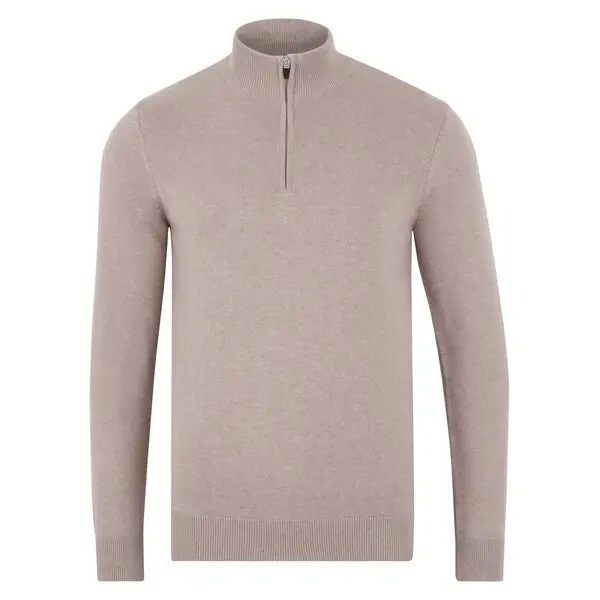 PAUL JAMES KNITWEAR Lightweight Foster Cotton Zip Neck Jumper Fawn - Black