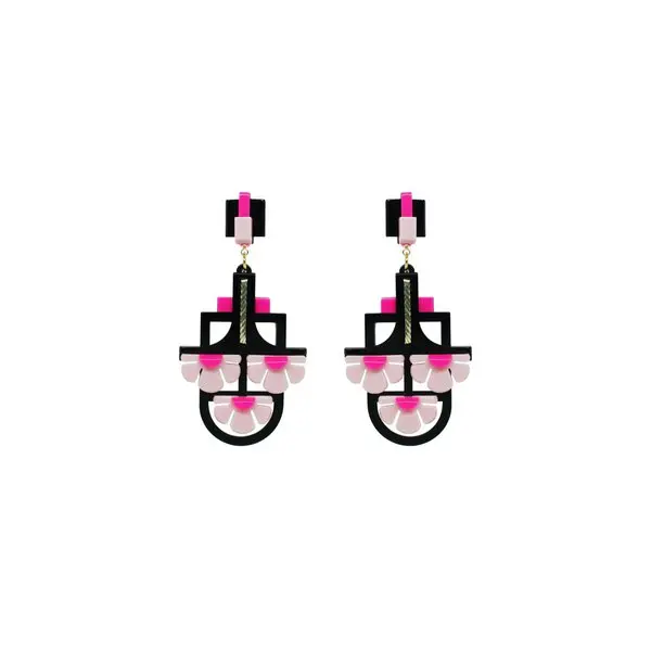 GISSA BICALHO Handmade Acrylic Earring Pendant Three Flowers / Pink - Black