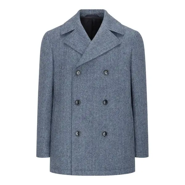 TRIONA Denim Herringbone Cathal Irish Tweed Peacoat - Blue