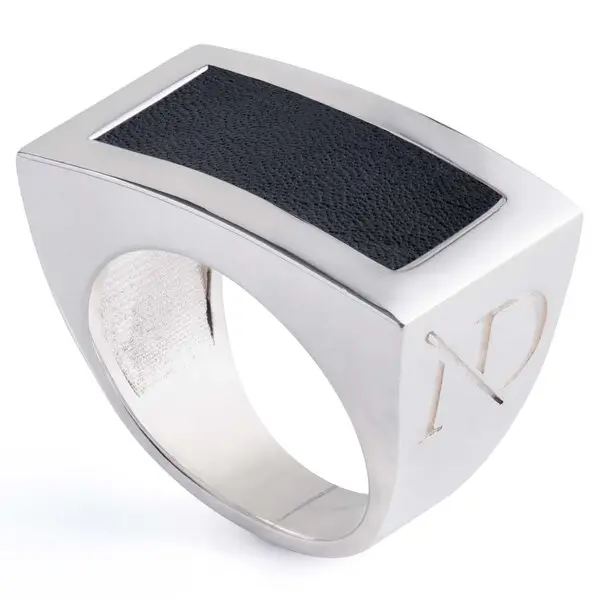 N'DAMUS LONDON Silver / Black Hatton Sterling Silver Black Leather Ring - Silver/black