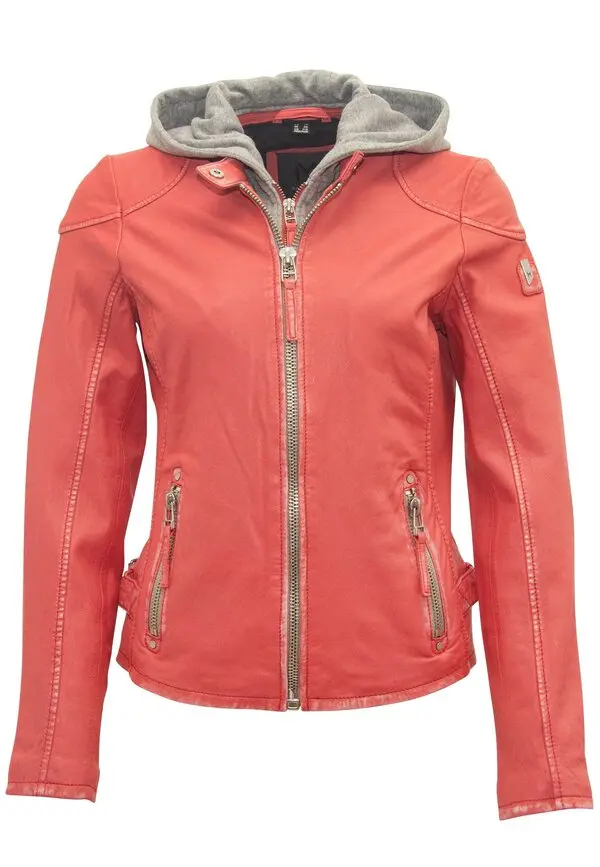 Mauritius Leather Moto Jacket Removable Hood Finja Coral - Orange