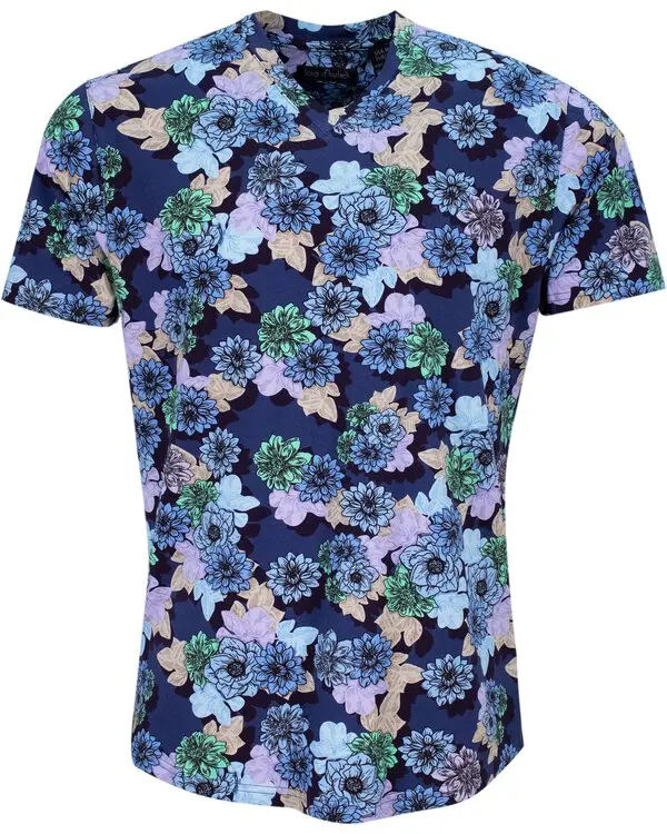LORDS OF HARLECH Maze Snap Floral V-neck Tee Navy - Blue