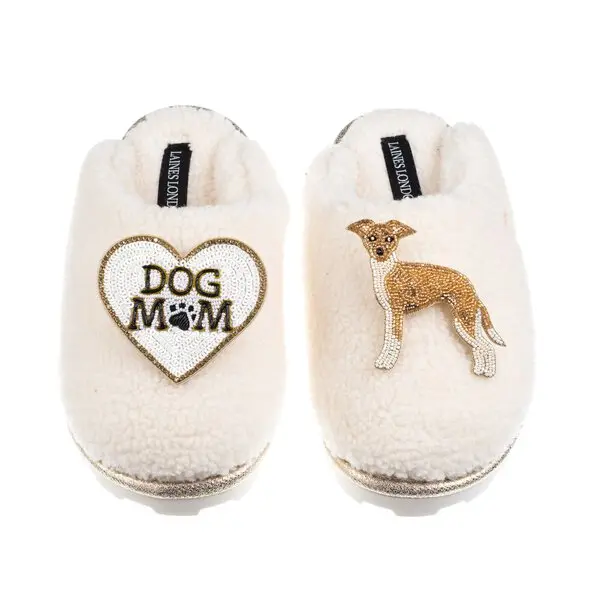 LAINES LONDON Neutrals / Teddy Closed Toe Slippers With Dog Mum/mom & Fawn & Greyhound Brooches Cream - White