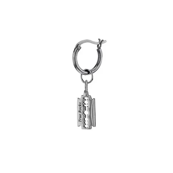 TRUE ROCKS Gun Metal Sterling Silver Mini Razor Blade Charm On Gun Metal Hoop - Grey
