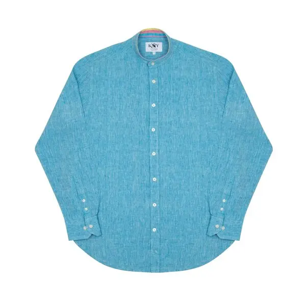 KOY CLOTHING Turquoise Linen Shirt Grandfather Collar - Blue