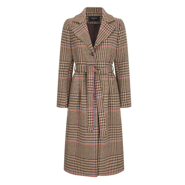 TRIONA Red Houndstooth Merino And Cashmere Erin Belted Coat - Brown