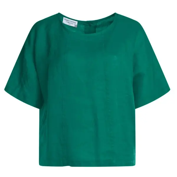 Haris Cotton Round Neck Linen Blouse With Batwing Sleeve And Back Buttons Emerald - Green
