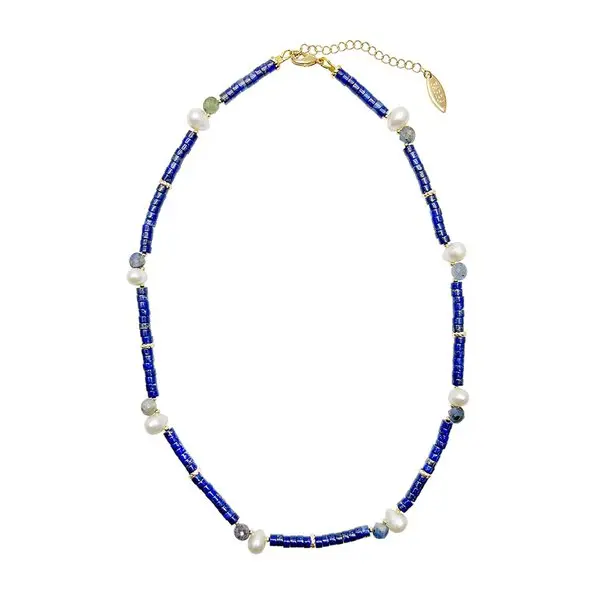 FARRA Lapis With Teardrop Pearls Dainty Necklace - Blue