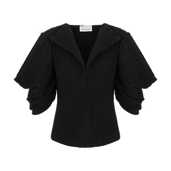 SILVIA SERBAN V-neck Pleated Crepe Blouse - Black