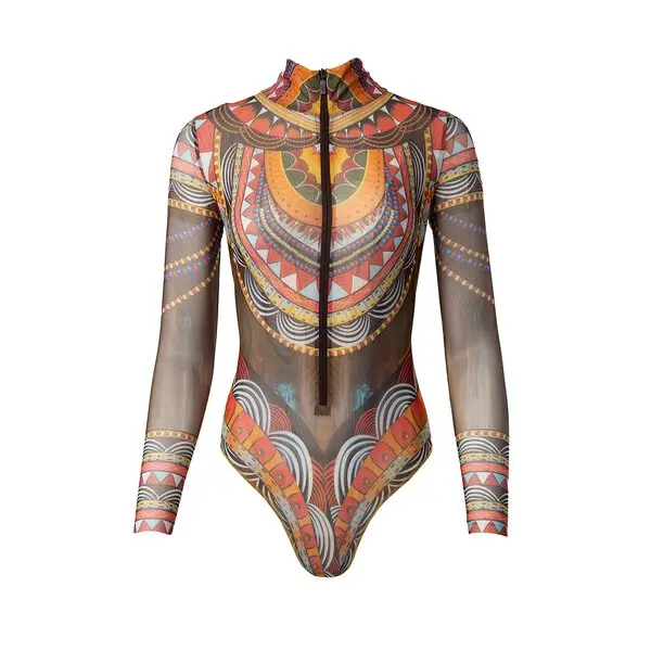 RODA SMARTSWIMWEAR Tan-through Mesh One-piece Zipper Swimsuit With Sleeves Africa Quick Dry - Brown