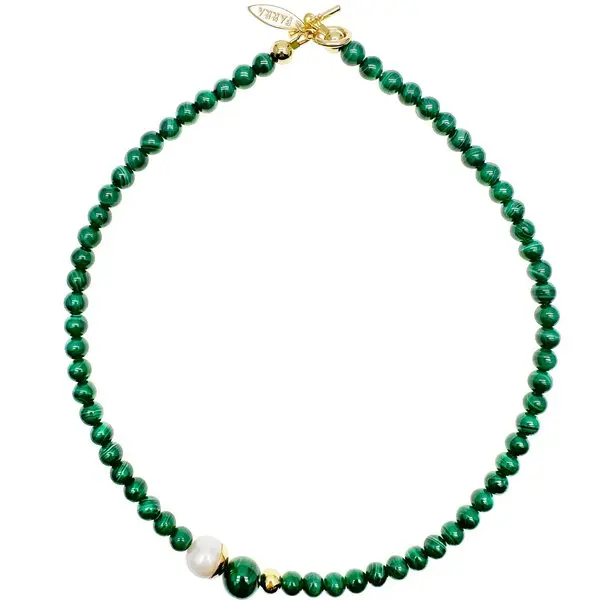 FARRA Minimalistic Round Malachite & Freshwater Pearls Necklace - Green
