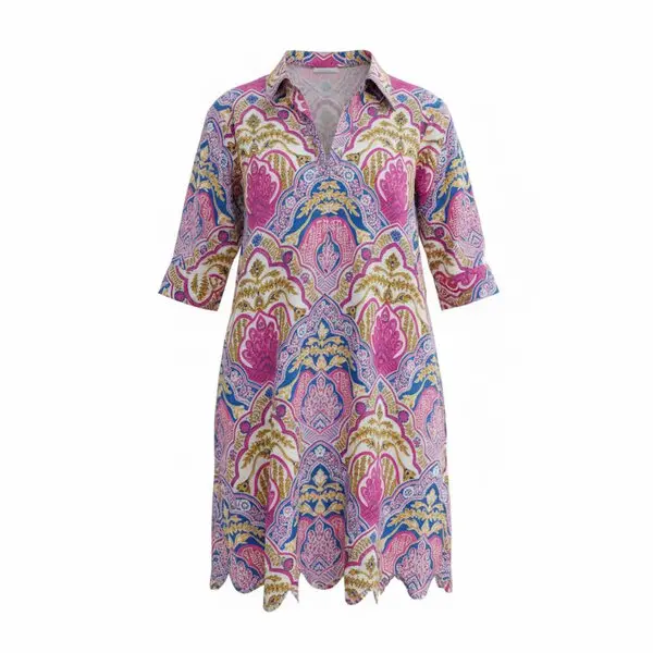 MARY MARSHMALLOW Scalloped Delray Dress Boho Medallion Navy - Blue
