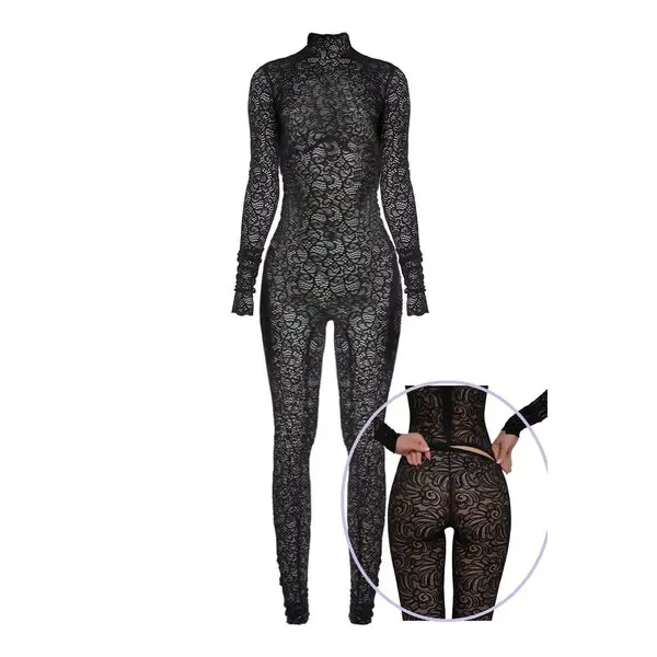 MONOSUIT Premium Italian Textile Floral Lace Long Sleeve Turtleneck Full Bodysuit - Black