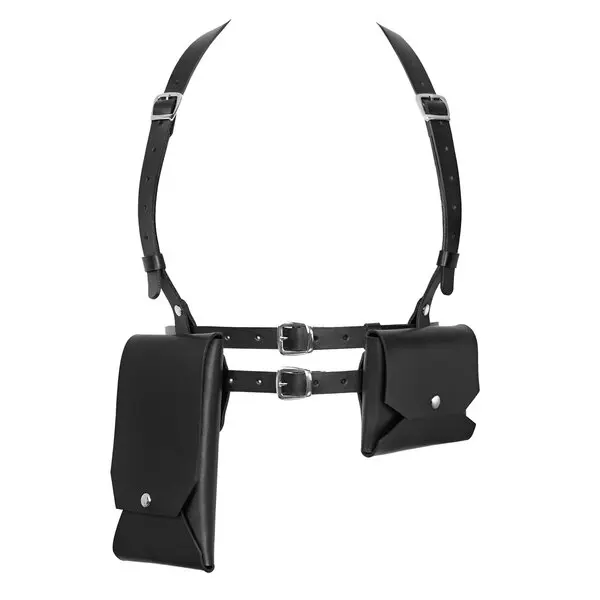 BADASS & GODDESS LEATHER Black / Silver Set Of Real Leather Harness Athena With Two Pouches Black With Silver Buckles - Black/silver