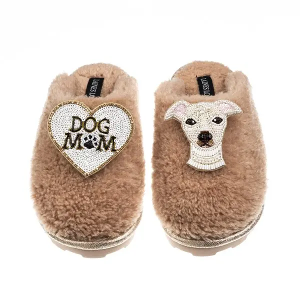 LAINES LONDON Teddy Closed Toe Slippers With Olive The Italian Greyhound & Dog Mum / Mom Brooches Toffee - Brown