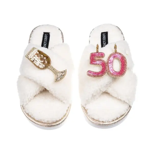 LAINES LONDON Neutrals / Laines Neutral Boucle Slippers With 50th Birthday & Champers Brooches Cream - White