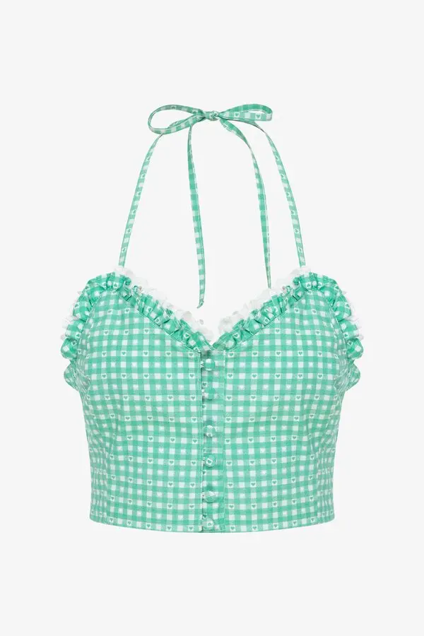 JE TE VEUX Sweetheart Gingham Bustier With Lace Trim - Green