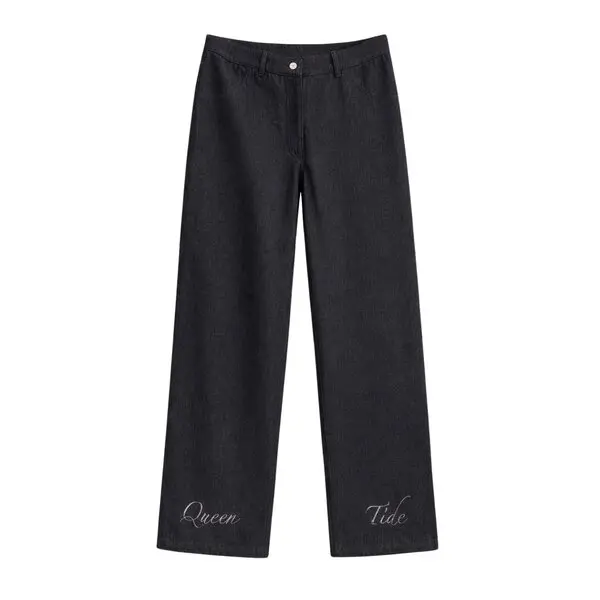 VIRAGO Tide Straight Leg Jeans With Embroidery - Black