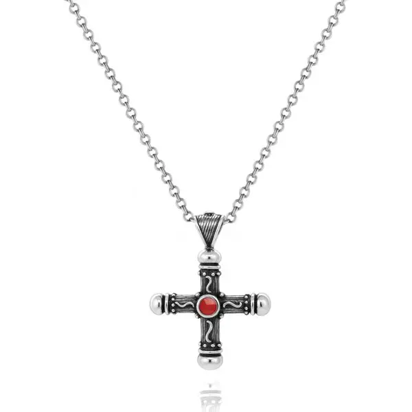UNALOE Silver / Red Sakros Cross Necklace In Sterling Silver With Natural Coral – Religious Jewelry - Silver/red