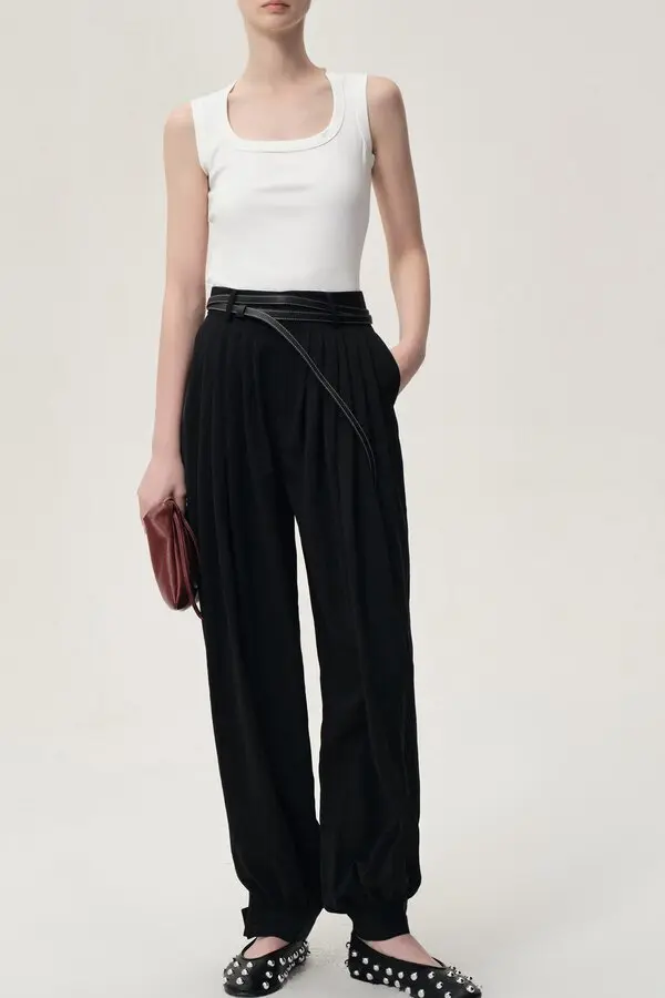 FRONT ROW SHOP Balloon Pleat Trousers - Black