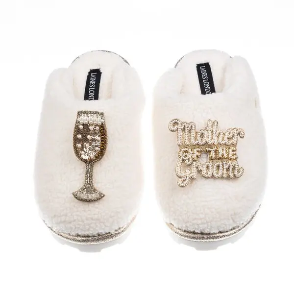 LAINES LONDON Neutrals / Teddy Closed Toe Slippers With Mother Of The Groom Brooches Cream - White
