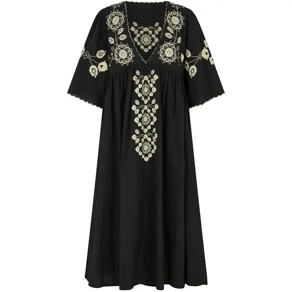 RAFFYA Arianna V- Neck Embroidered Maxi Dress - Black
