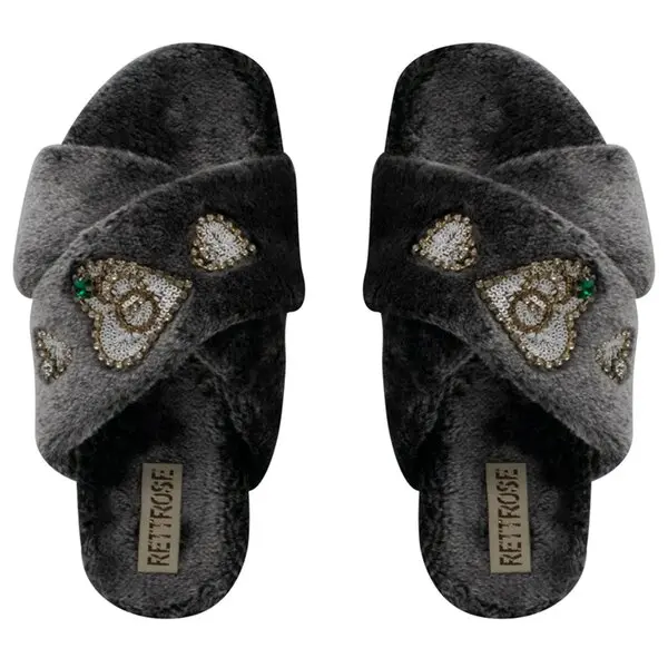 RETTROSE Emmy Charcoal Luxury Plush Diamanté Embellished Handmade Slipper - Grey