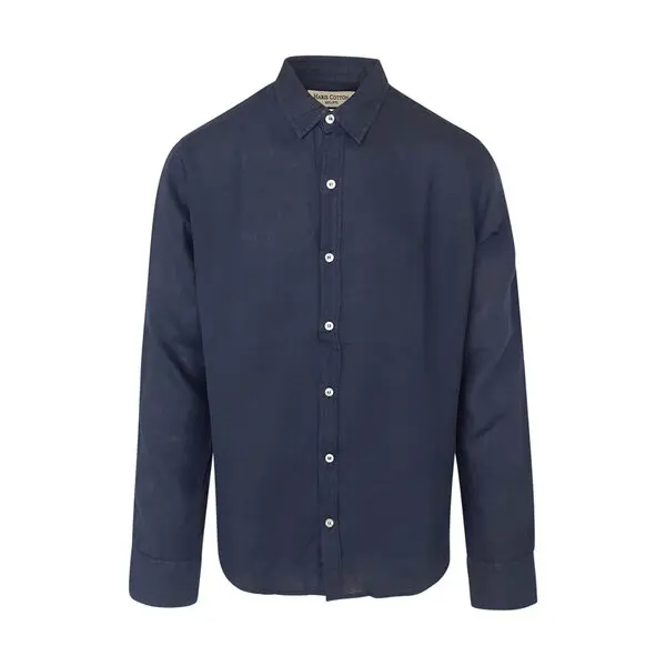 Haris Cotton Linen Basic Long-sleeved Shirt- Marine - Blue