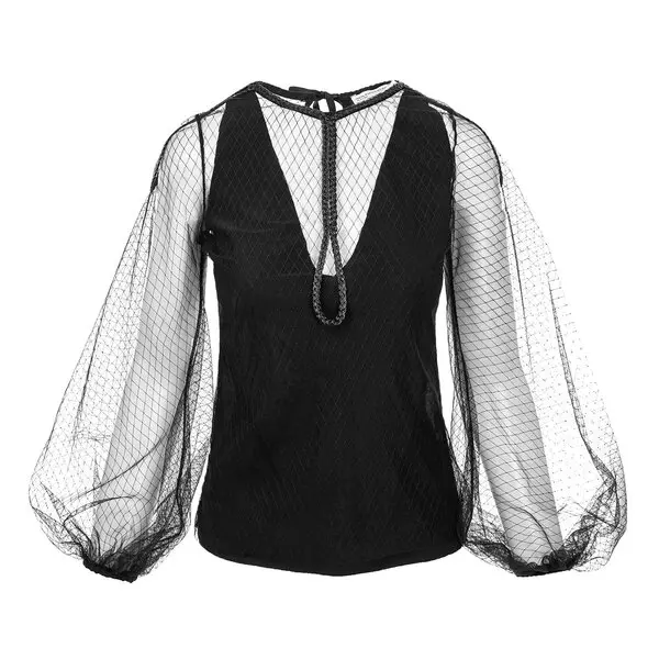 SILVIA SERBAN Puffed Sleeves Textured Tulle Blouse - Black