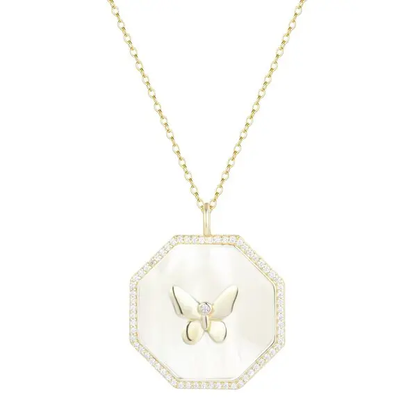 KAMARIA Octagon Butterfly Medallion Necklace Pearl - Gold