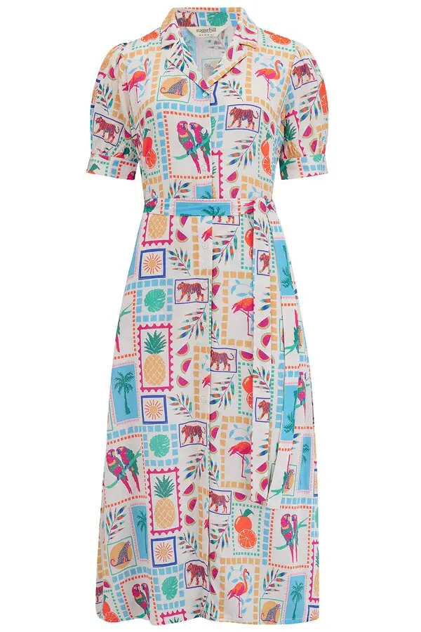 SUGARHILL BRIGHTON Penelope Midi Shirt Dress Off-, Jungle Tile - White