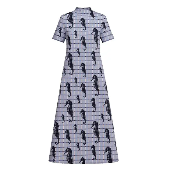 JULIA ALLERT Neutrals / Pale Seahorse Grid Print Fluid A-line Dress – Capsule Edition - Blue