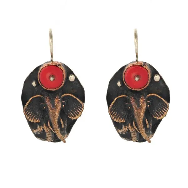 EBRU JEWELRY Brown / Red Handmade Unique Spirit Elephant Coral Earrings Red - Brown/red