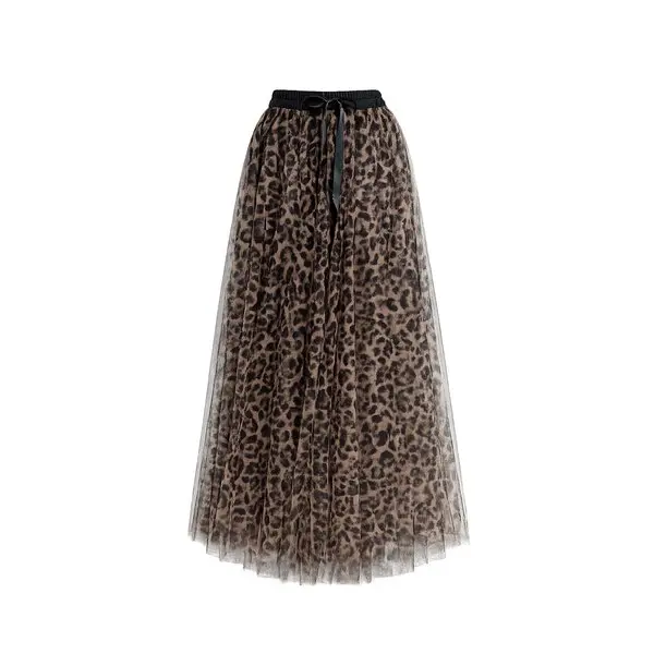 TANTRA SPAIN SL Multi-layered Tulle Midi Skirt, A-line Cut, Animal Print, Elastic Waistband - Brown