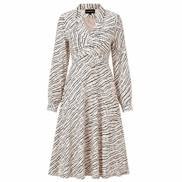 SMART AND JOY Cross Drape V Neckline Flared Printed Dress Beige And - Brown