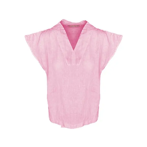 Haris Cotton Linen V-neck Blouse With Short Flutter Sleeves Powder - Pink