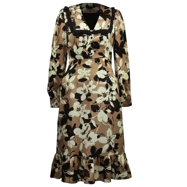 SMART AND JOY Ruffle Collar Macro Flower Print Dress Beige - Brown