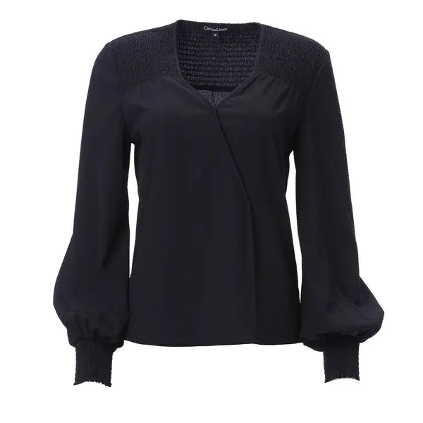 CARLOSLINES V-neck Bishop Sleeve Smocked Shoulder & Cuff Faux Wrap Blouse In Solid - Black