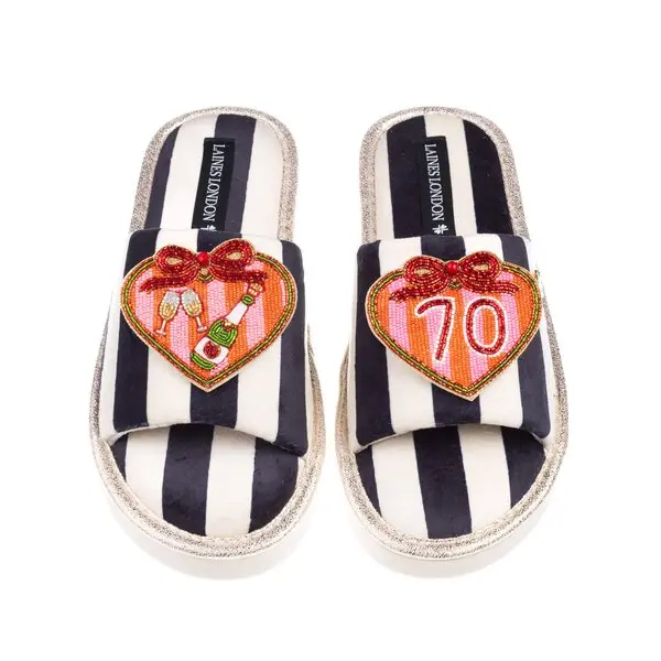 LAINES LONDON Black / White Flatform Stripe Open Toe Slippers With Stripe Heart 70th Birthday Brooches Black & White - Black/white