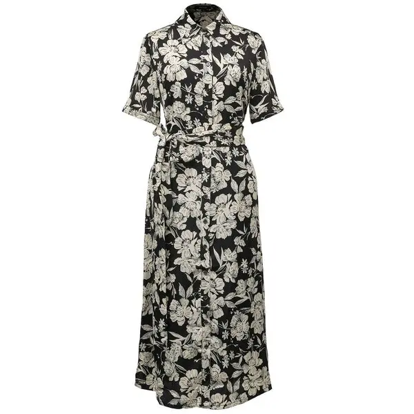 SMART AND JOY Macro Flower Print Midi Shirt-dress & White - Black