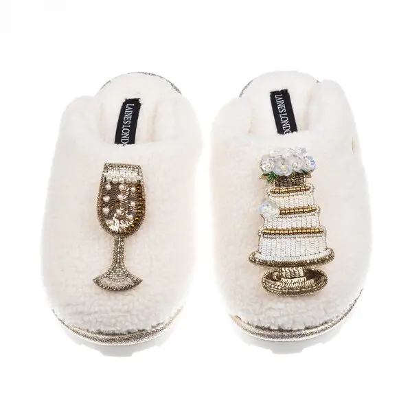 LAINES LONDON Neutrals / Teddy Closed Toe Slippers With Champers & Wedding Cake Brooches Cream - White