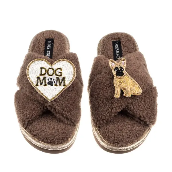 LAINES LONDON Neutrals Boucle Slippers With Dog Mum/mom & Fawn Sitting French Bulldog Brooches Mink - Brown