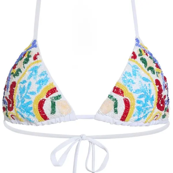 SELF-ADORE White / Red Limoncello Hand-beaded Embellished Bikini Top - White/red