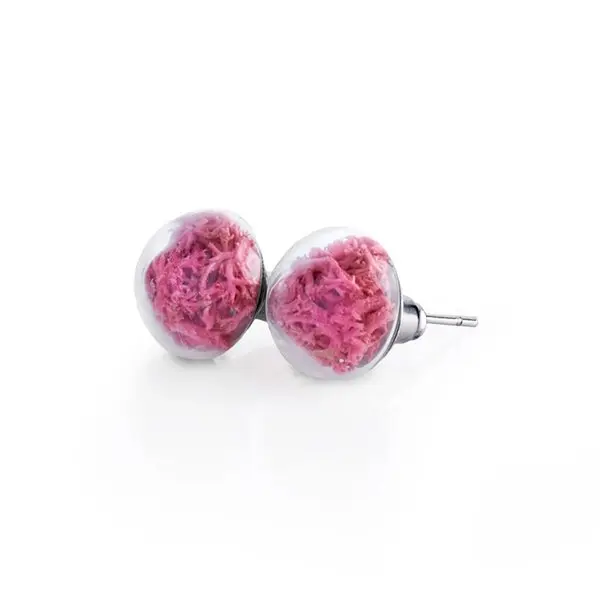 MY LITTLE NATURE Pink / Silver Stud Earrings With Baby Pink Moss Handmade Glass Earrings - Pink/silver