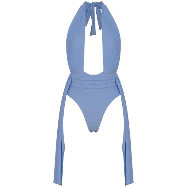 ANTONINIAS Plonger Deep Plunge Halter Neck Swimsuit With Decorative Belt - Blue