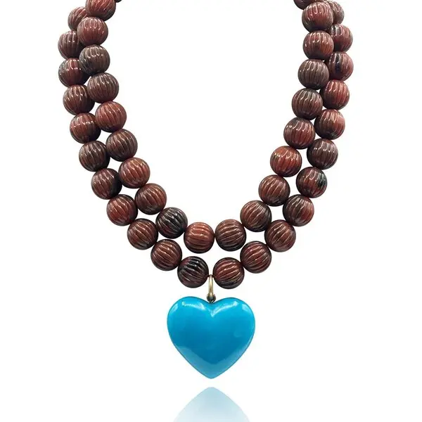 MICHAEL NASH JEWELRY Blue / Brown Amour Carved Tortoise Resin Beads With Turquoise Resin Heart Pendant - Blue/brown